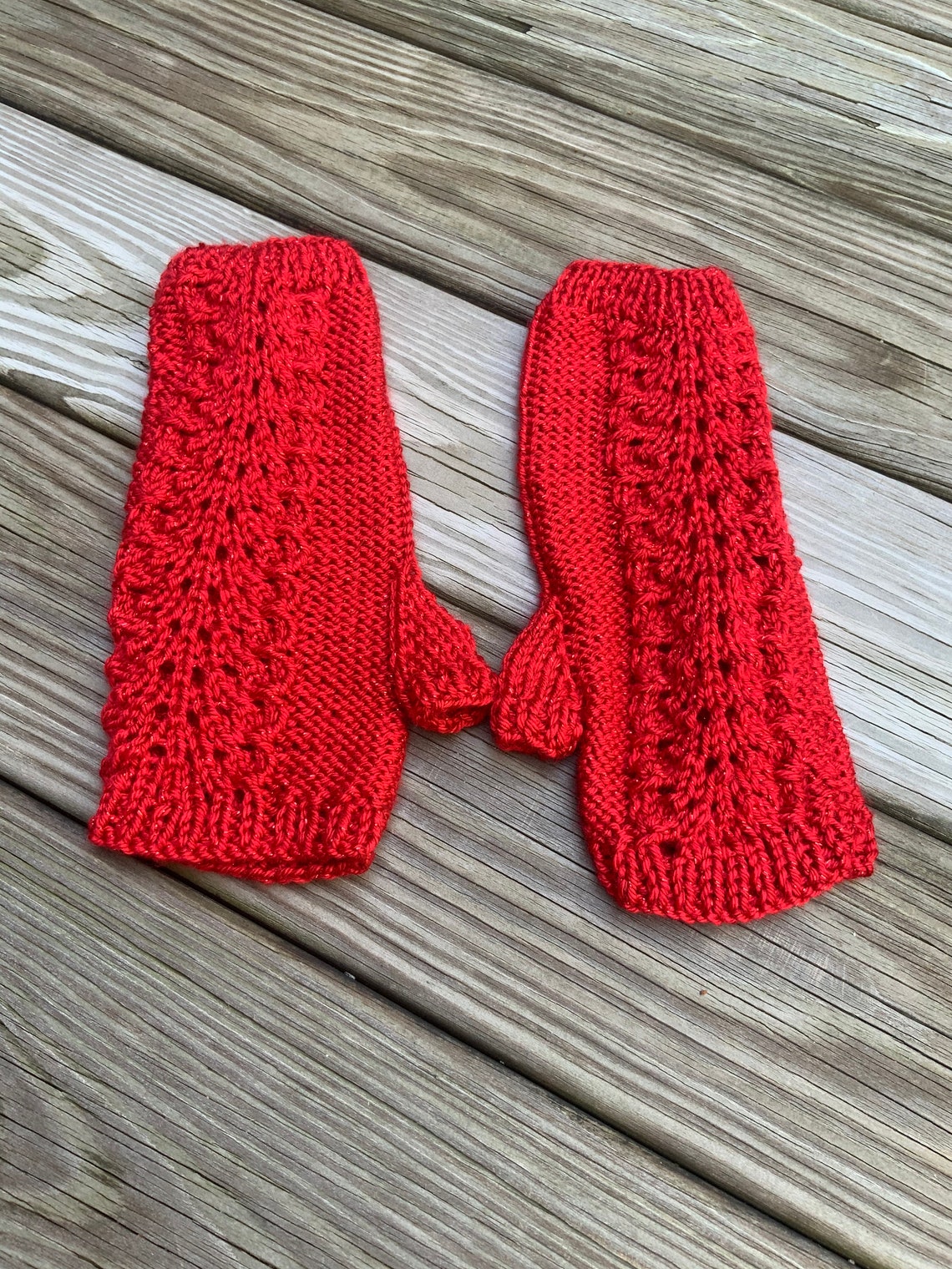 Fingerless Gloves Knitted Red Gloves Red and Metallic Lace - Etsy