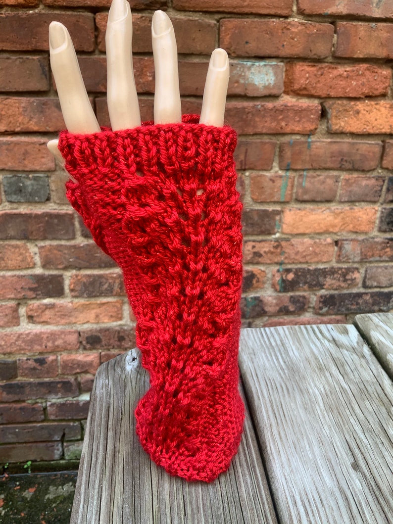 Fingerless Gloves, Knitted Red Gloves , Red and Metallic, Lace Knitted ...
