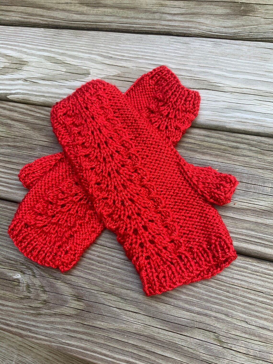 Fingerless Gloves Knitted Red Gloves Red and Metallic Lace - Etsy