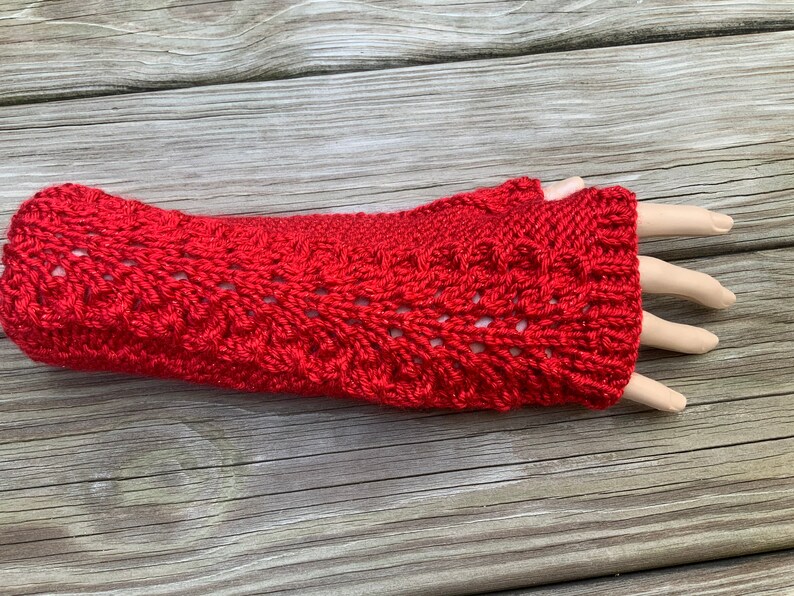 Fingerless Gloves, Knitted Red Gloves , Red and Metallic, Lace Knitted ...