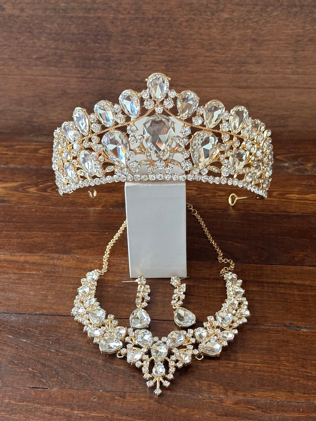 Gold Tiara Set 3pcs Gold Necklace With Earrings Set Quinceanera ...