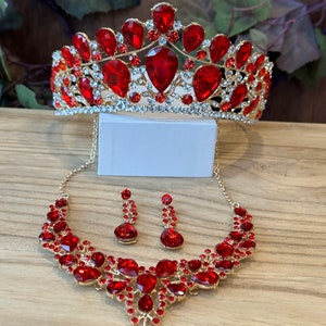 Red and Gold Tiara Set 3pcs Red Necklace With Earrings and Bracelet Set ...
