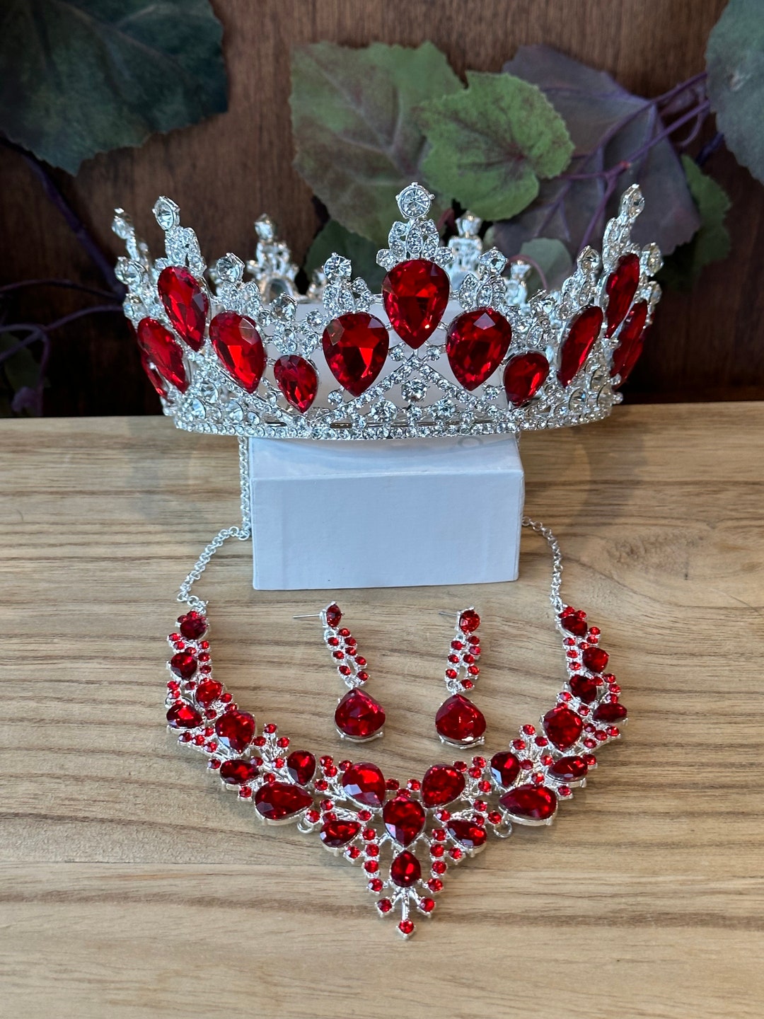 Red and Silver Tiara Set 3pcs Red Necklace With Earrings and Bracelet ...