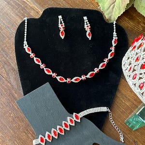 Red and Silver Tiara Set 4pcs Red Necklace With Earrings and Bracelet ...