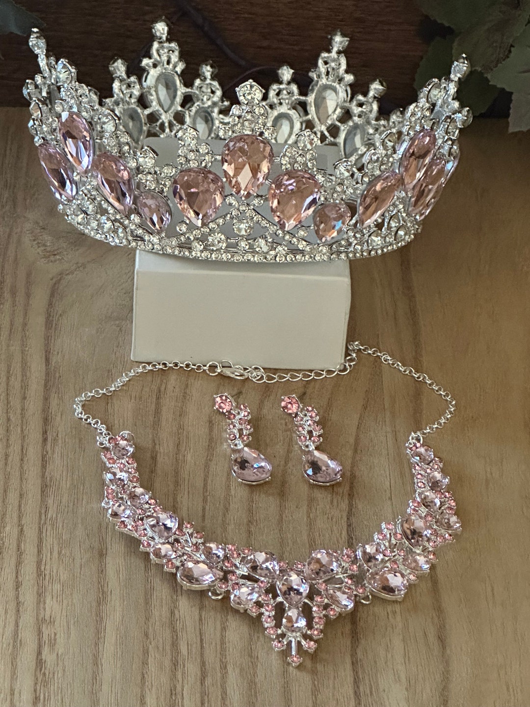 Pink and Silver Crown Set 3pcs Pink Necklace With Earrings Set ...