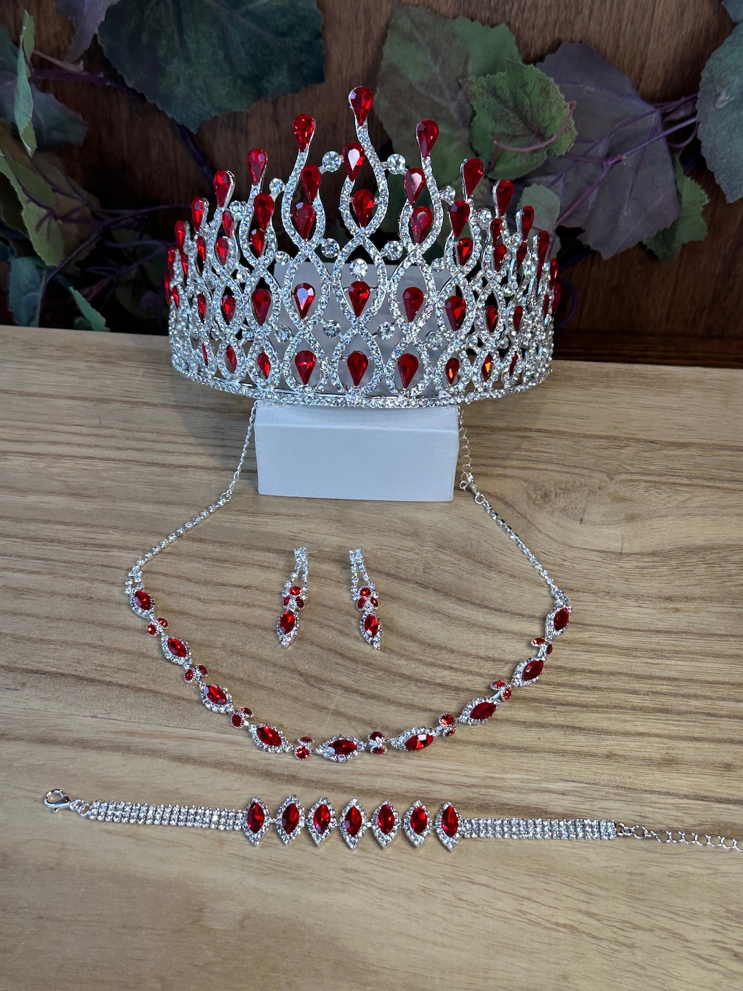 Red and Silver Tiara Set 4pcs Red Necklace With Earrings and Bracelet ...