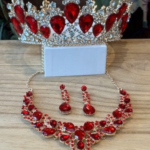Red and Gold Tiara Set 3pcs Red Necklace With Earrings and Bracelet Set ...