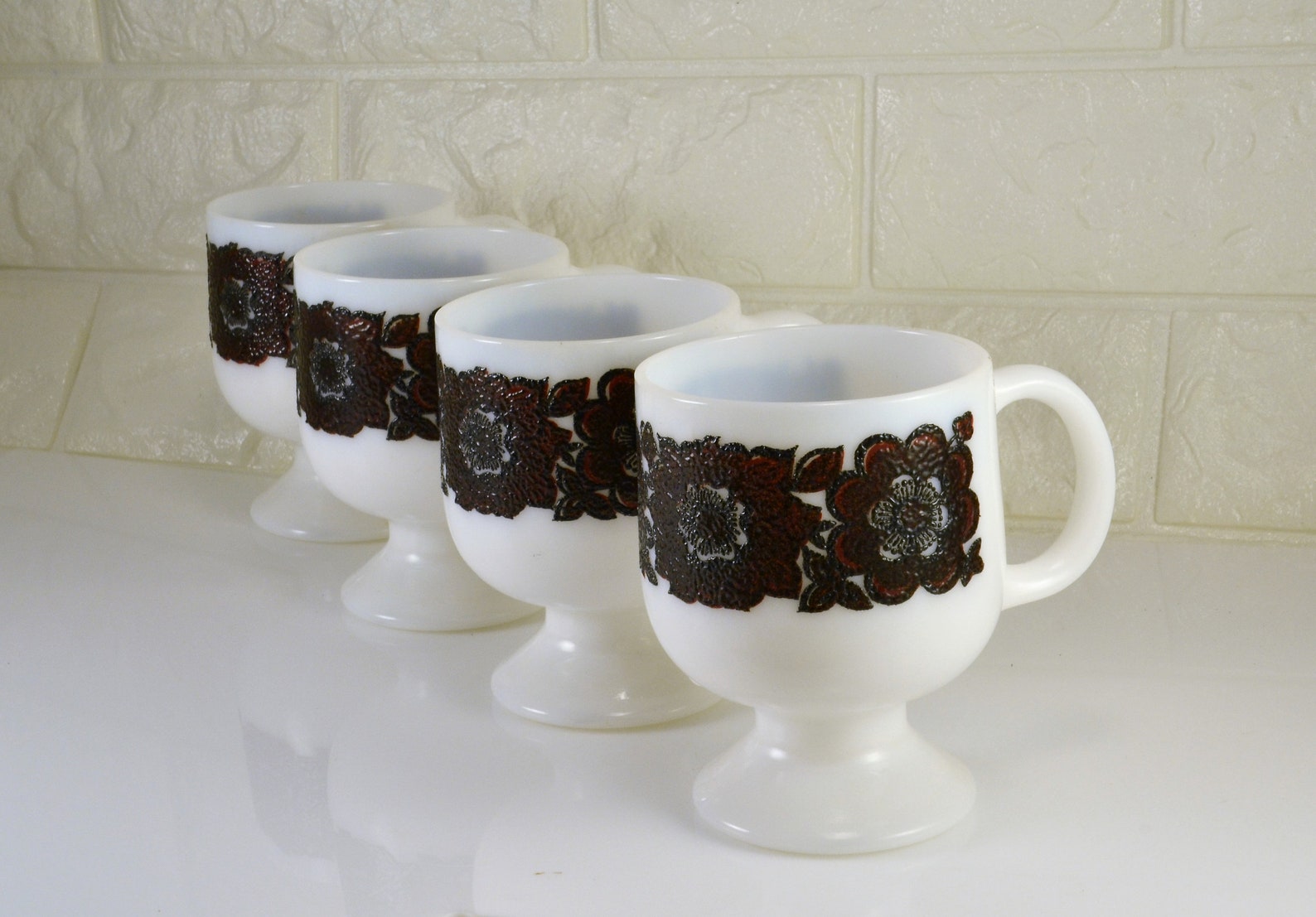 Coffee Mugs Milk Glass Pedestal Style W/ Raised Brown Flower Floral ...