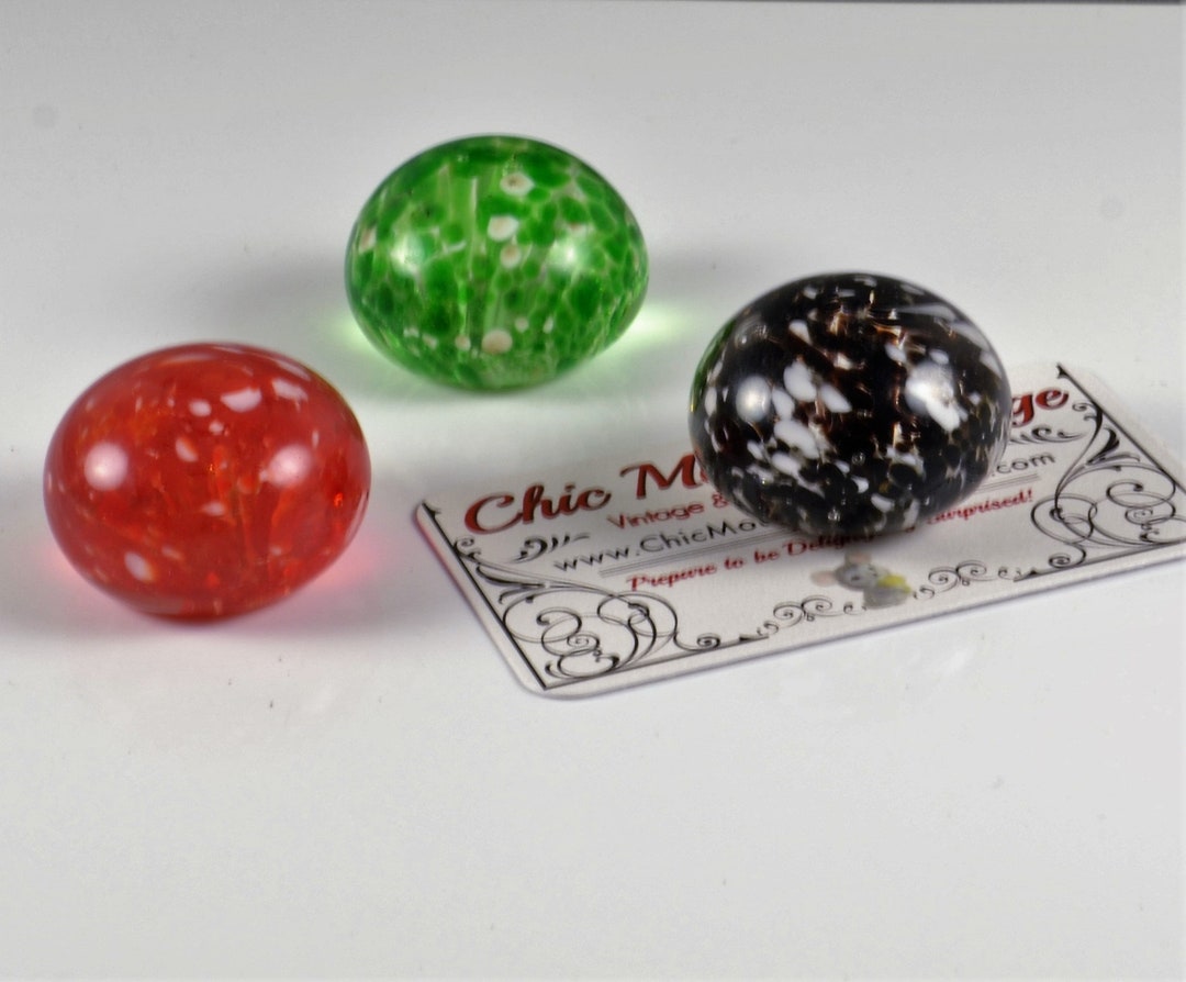 3 Hand Blown Paperweights Art Glass Small Size Black Green Red Ground ...