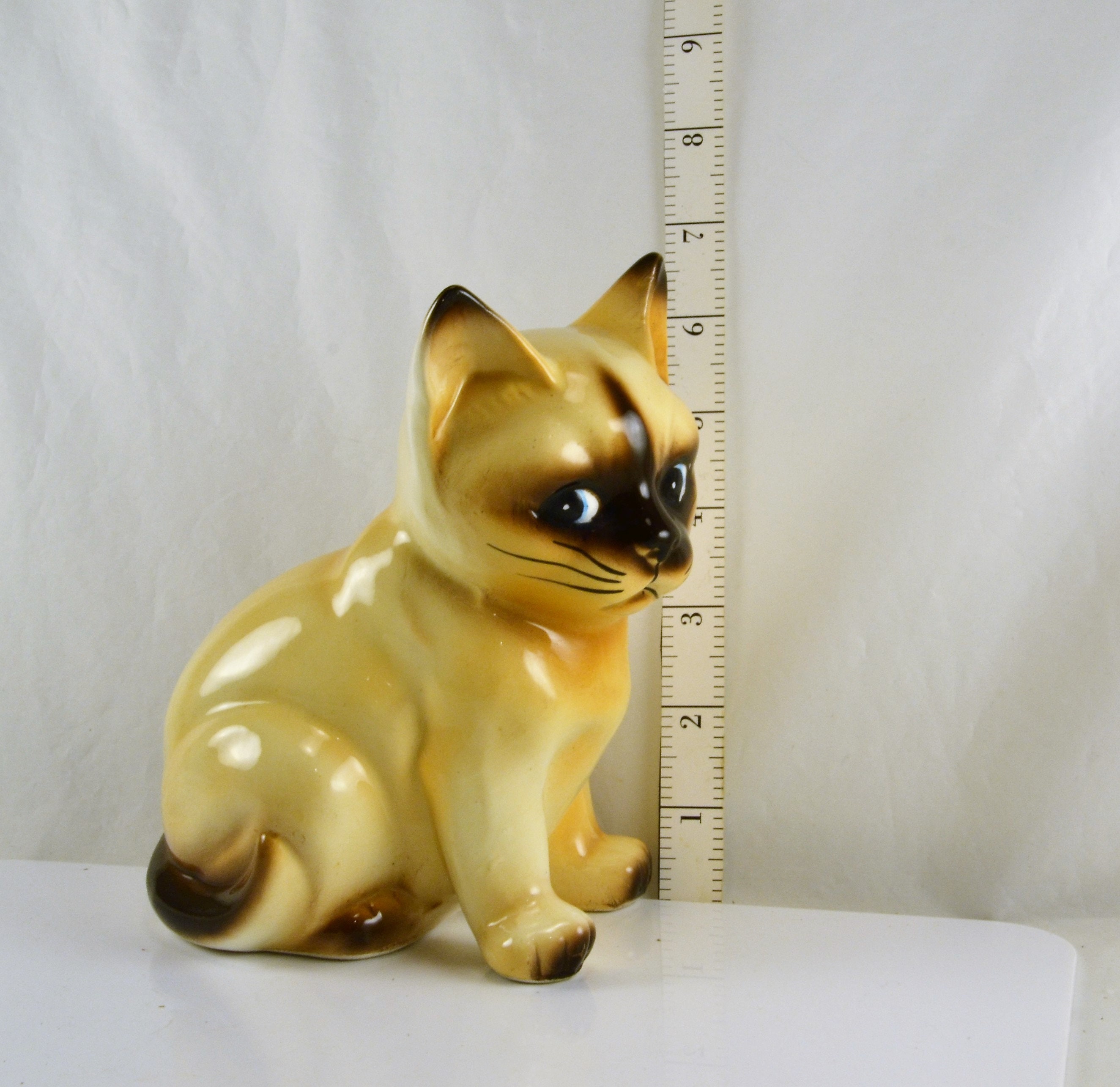 Siamese Cat Kitten Figurine Ceramic Pottery Piercing Blue Eyes Over 6 ...