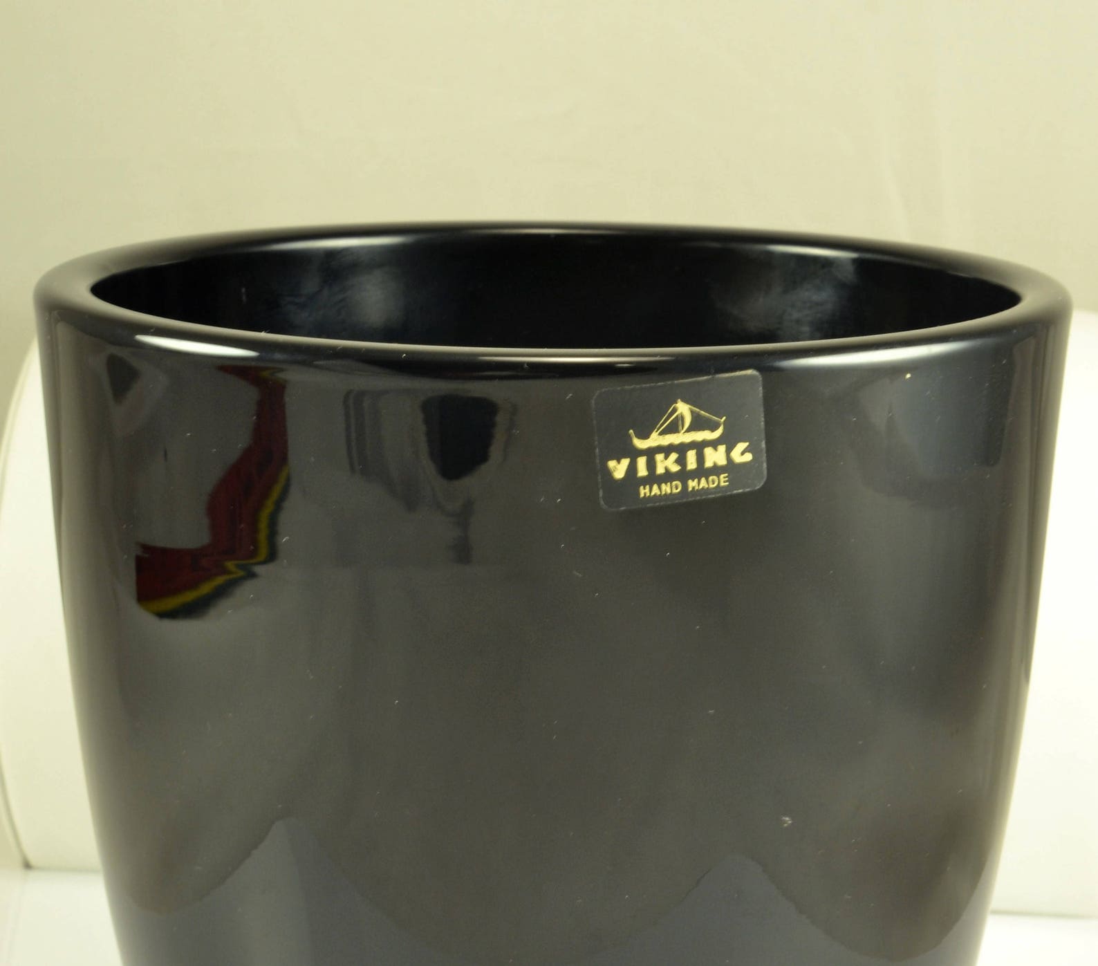 Viking Black Glass Ice Bucket Vase Original Foil Sticker Mid Century ...