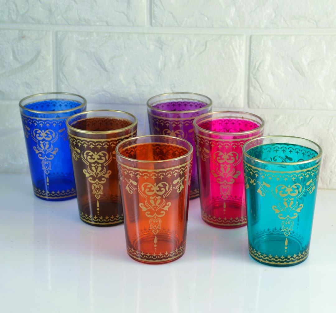Moroccan Tea Glass Set 6 Colored Juice Glasses Gold Gilt Design ...