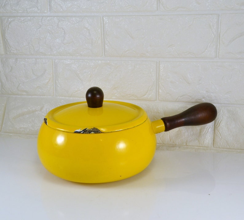 Dansk Enameled Sauce Pot Pan Bright Yellow W/ Lid Teak Wood Handle ...