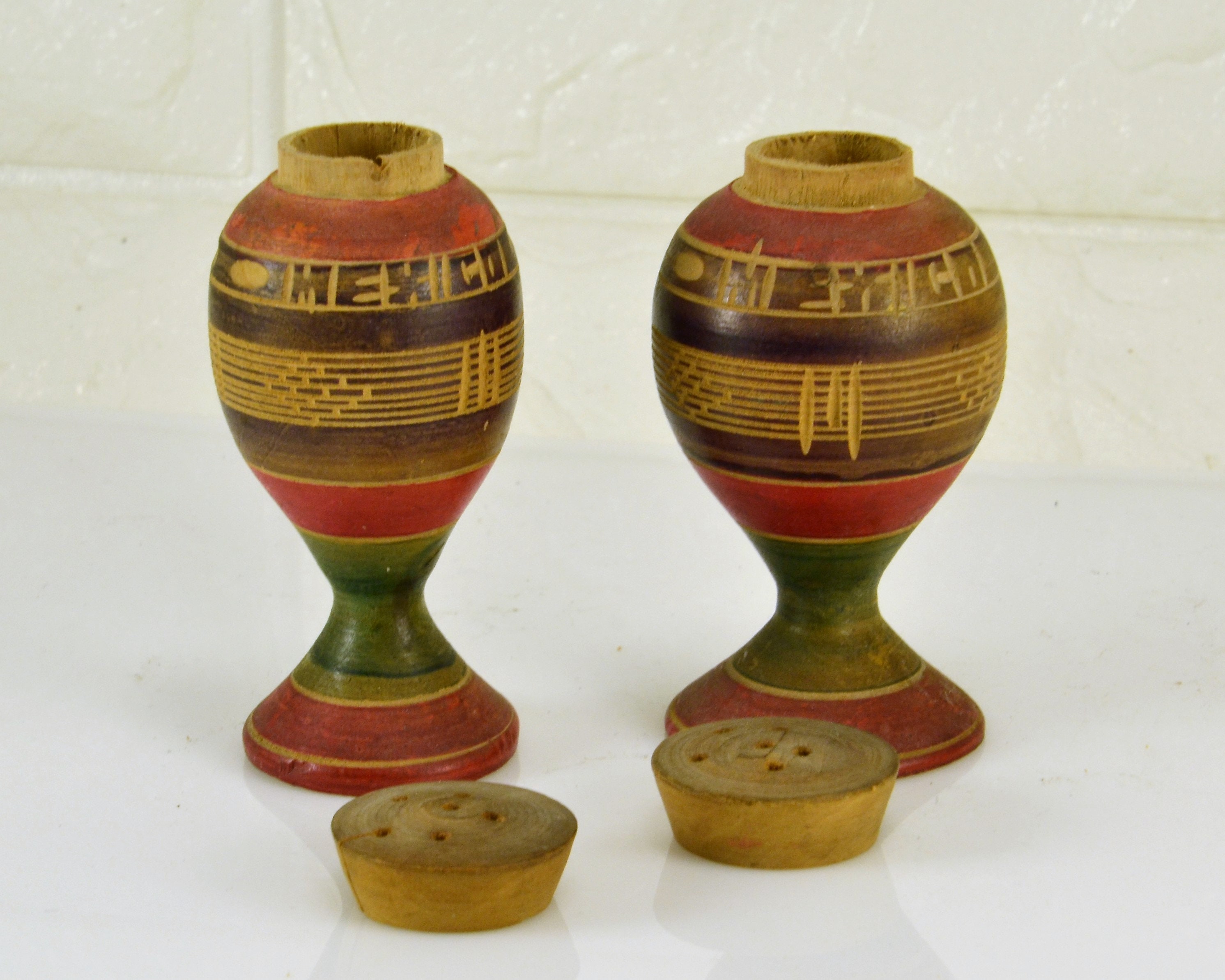Salt Pepper Shakers Hand Painted Wood Carved Mexico Folk Art - Etsy