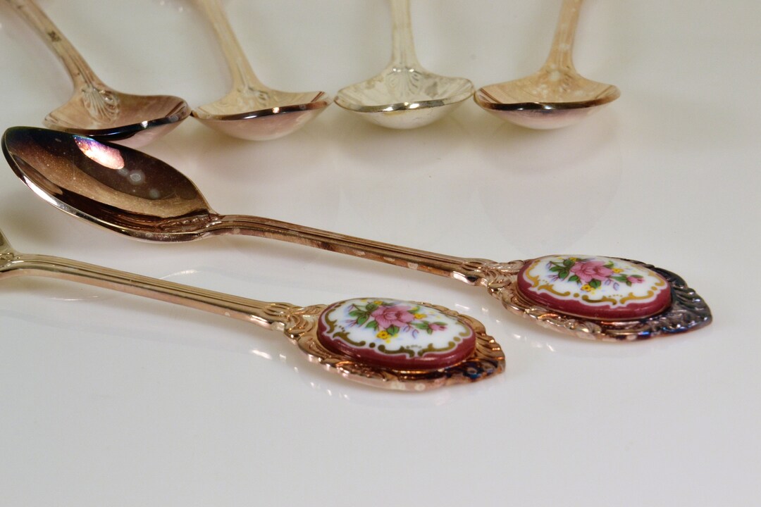 Rose Decorative Spoons Silver Plate W/ Porcelain Inset Floral Boxed Set ...