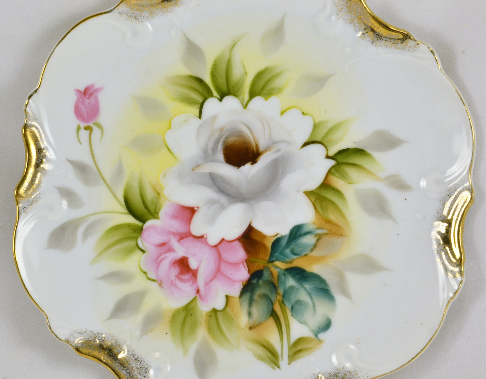 Decorative Floral Plate Roses White Pink Gold Trim Ready - Etsy