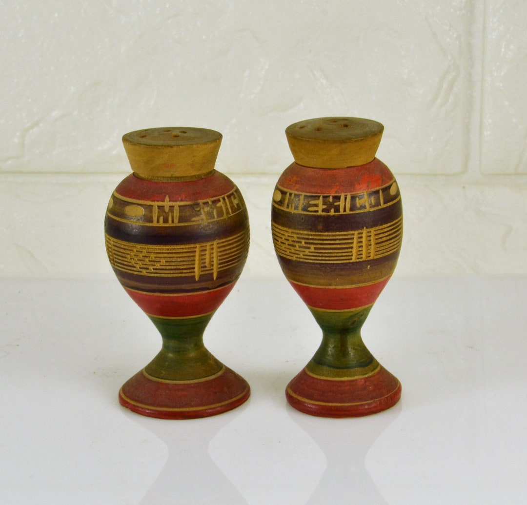 Salt Pepper Shakers Hand Painted Wood Carved Mexico Folk Art Vintage ...