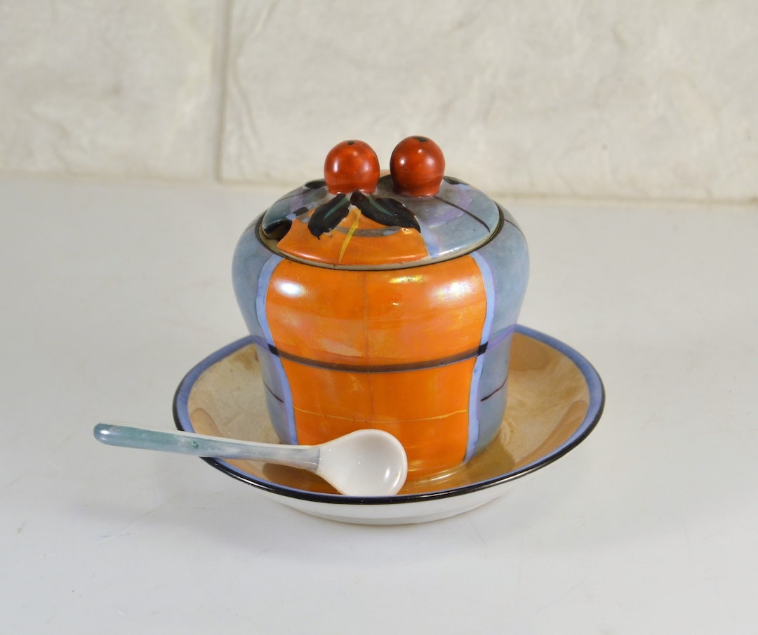 Noritake Jam Pot Lustreware Orange Blue Wreath M Mark Morimura Attached ...