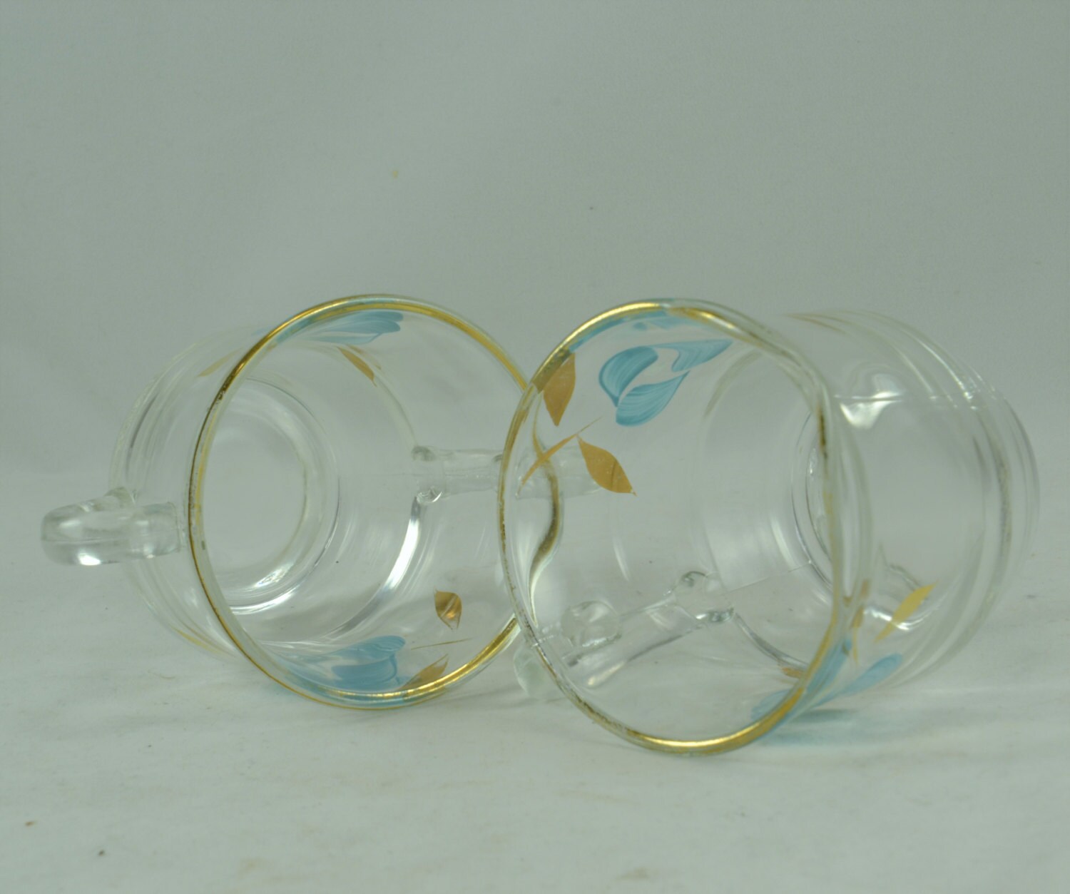 Glass Creamer & Sugar - Stylized Hand Painted Blue Flower Gold Accent ...
