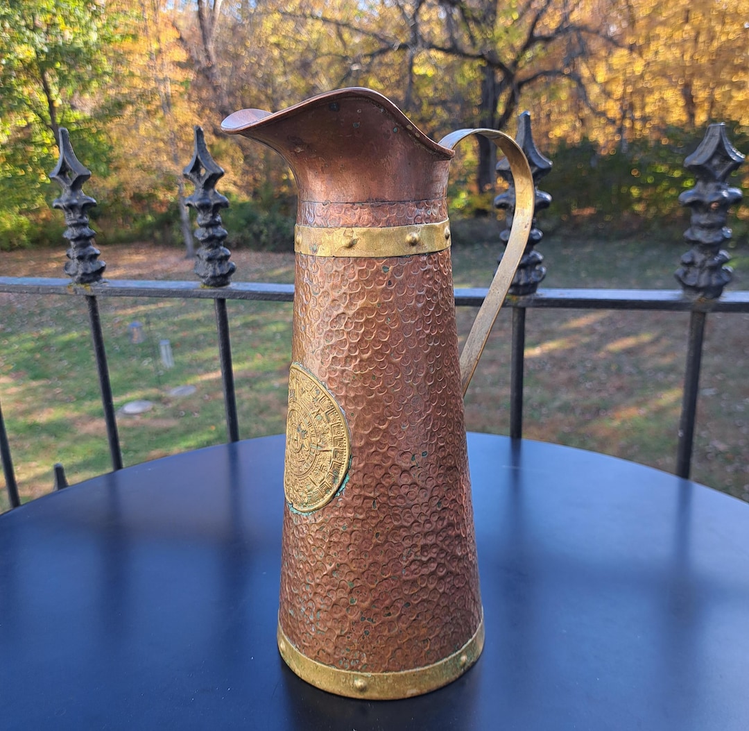Tankard Pitcher Hammered Copper Brass Aztec Calendar Medallion ...