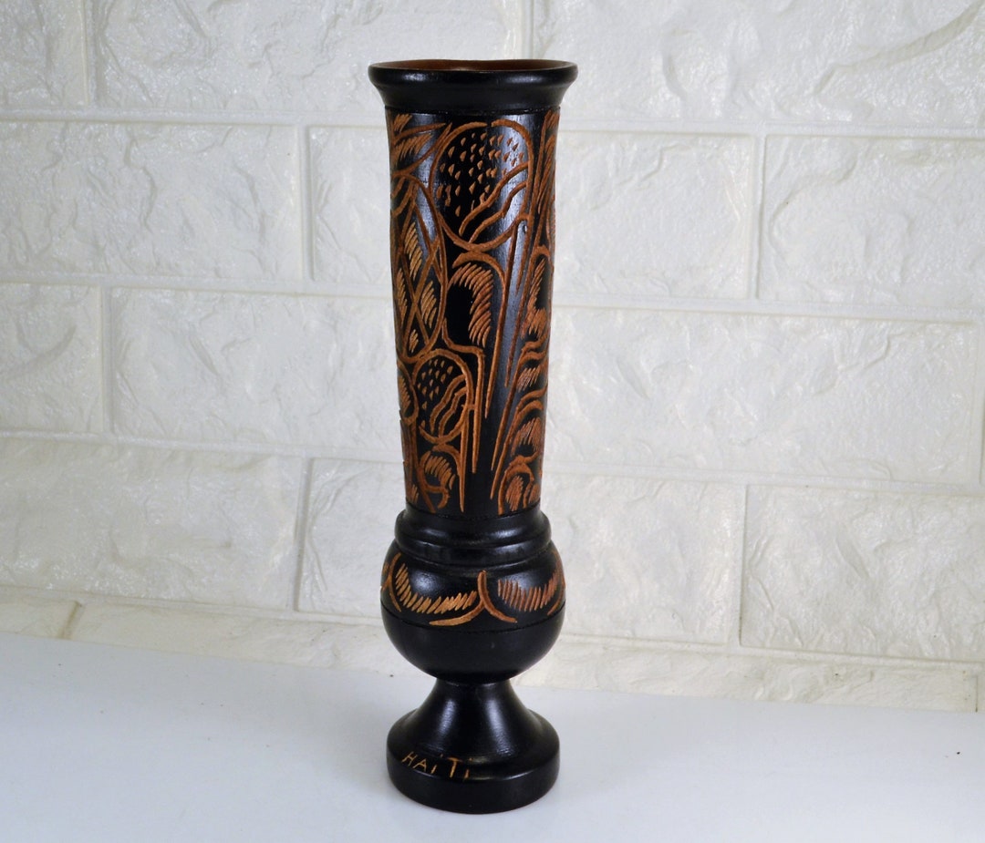 Carved Wood Vase Haiti Vintage Flower Container Floral Design Haitian ...