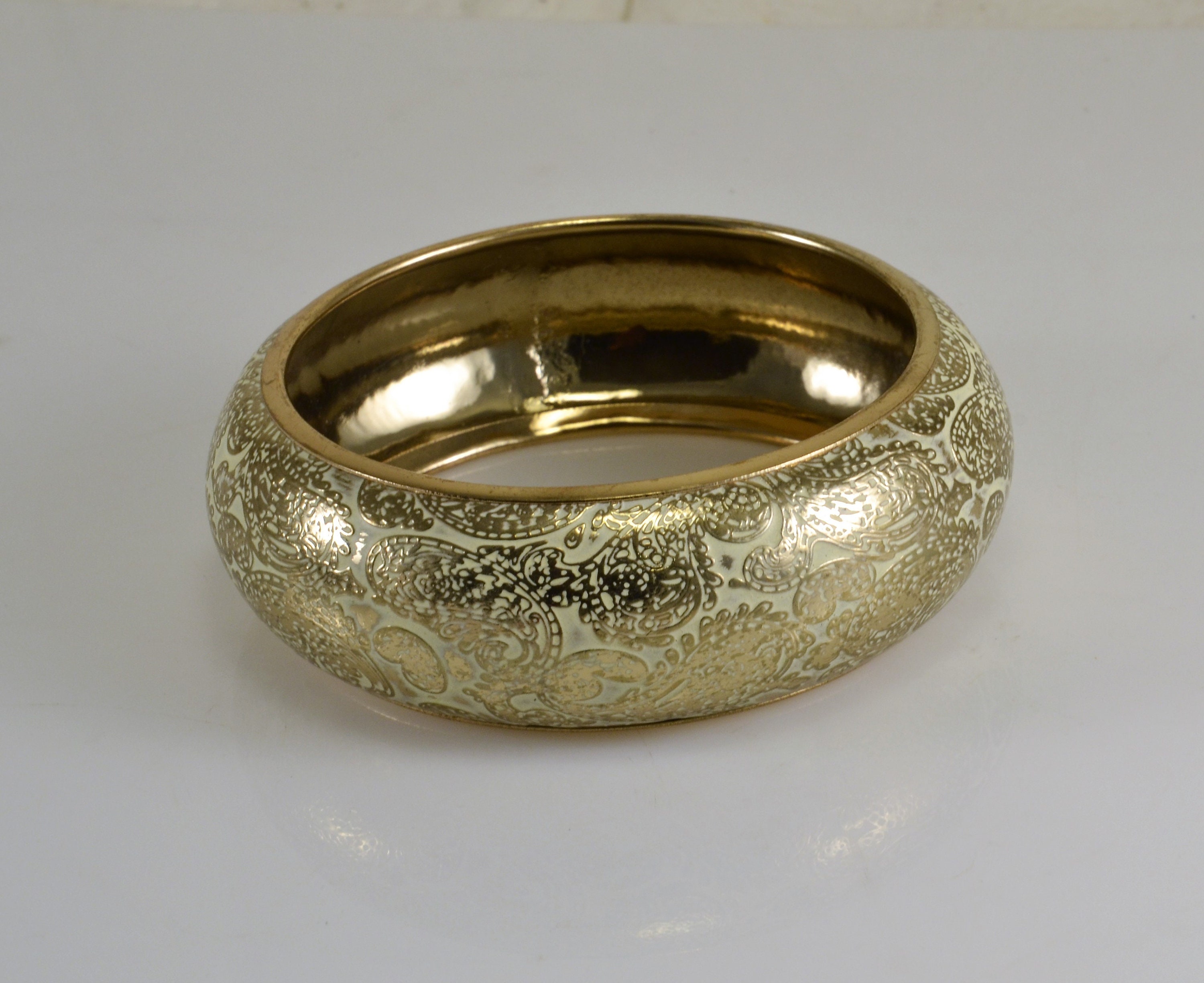 Wide Bangle Bracelet Gold Tone W/ White Enameling Ornate - Etsy UK