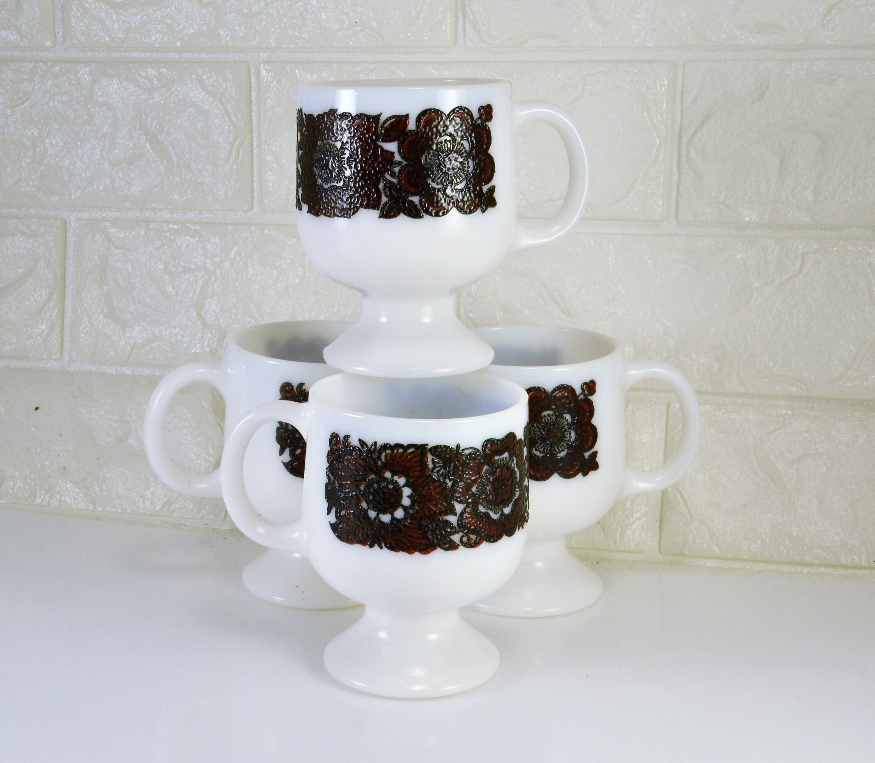 Coffee Mugs Milk Glass Pedestal Style W/ Raised Brown Flower Floral ...