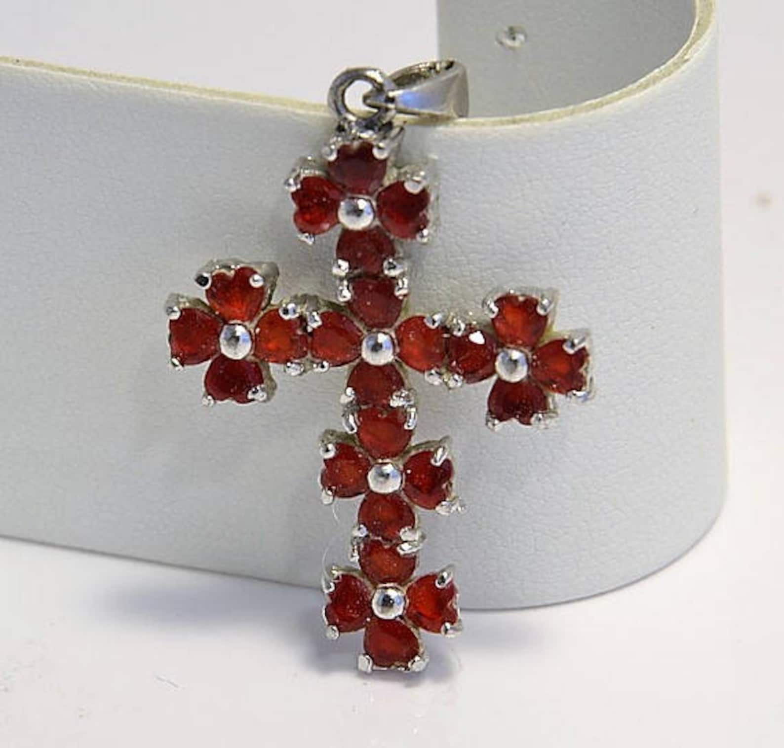 Red Rhinestone Cross Pendant - Ruby Red Crystal Pommee Cross - Vintage ...