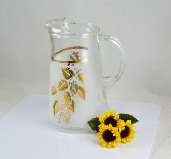 Juice Pitcher Frosted Glass Gold Grape Leaf Design 1 Quart | Etsy