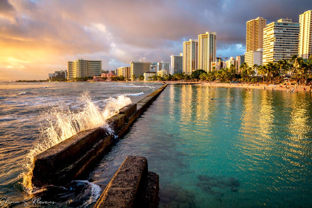 Waikiki Beach Sunset Photography Hawaii Spectacular Wave Colorful - Etsy