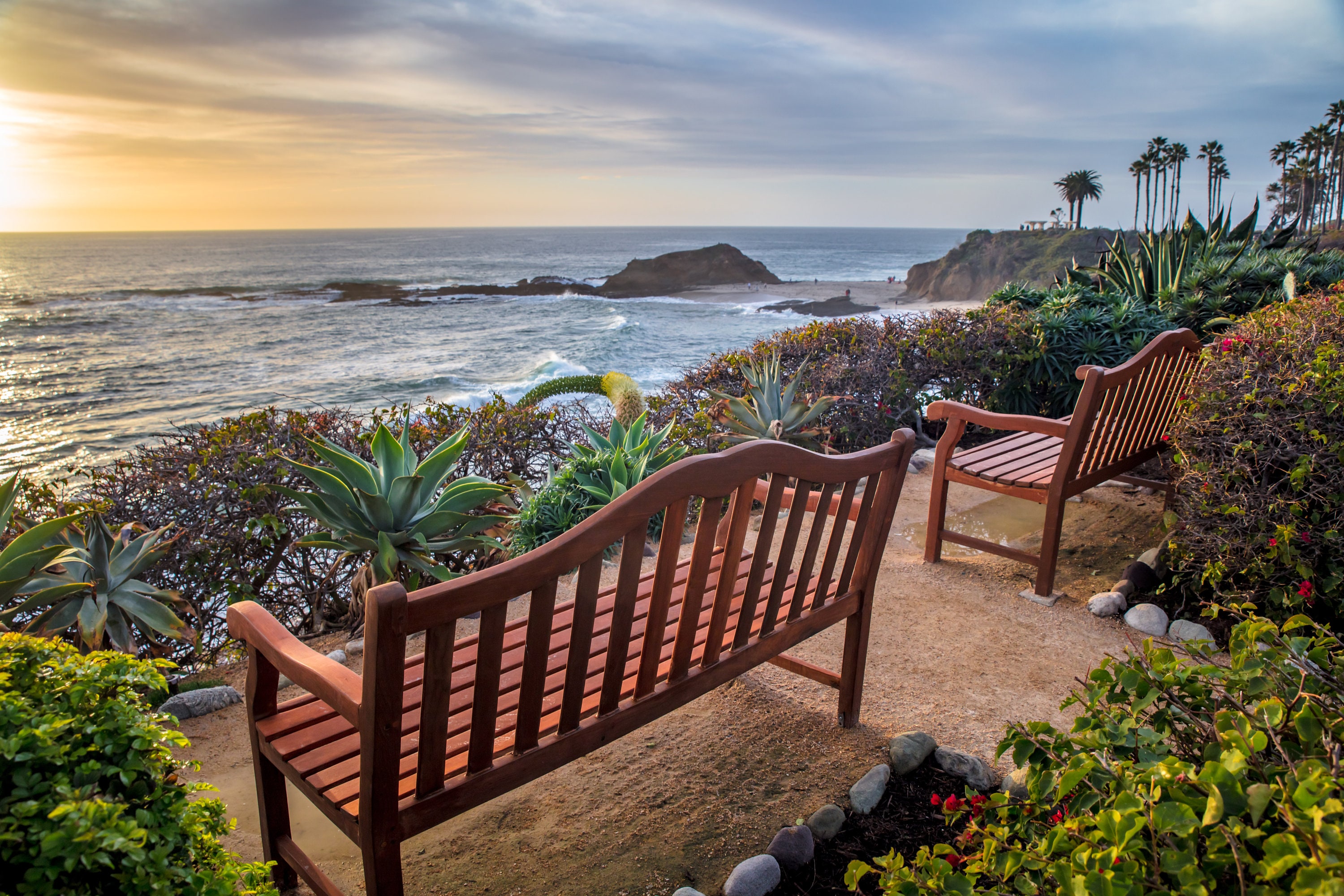 Serene and Calming Benches Facing an Incredible Beachscape and Sunset ...