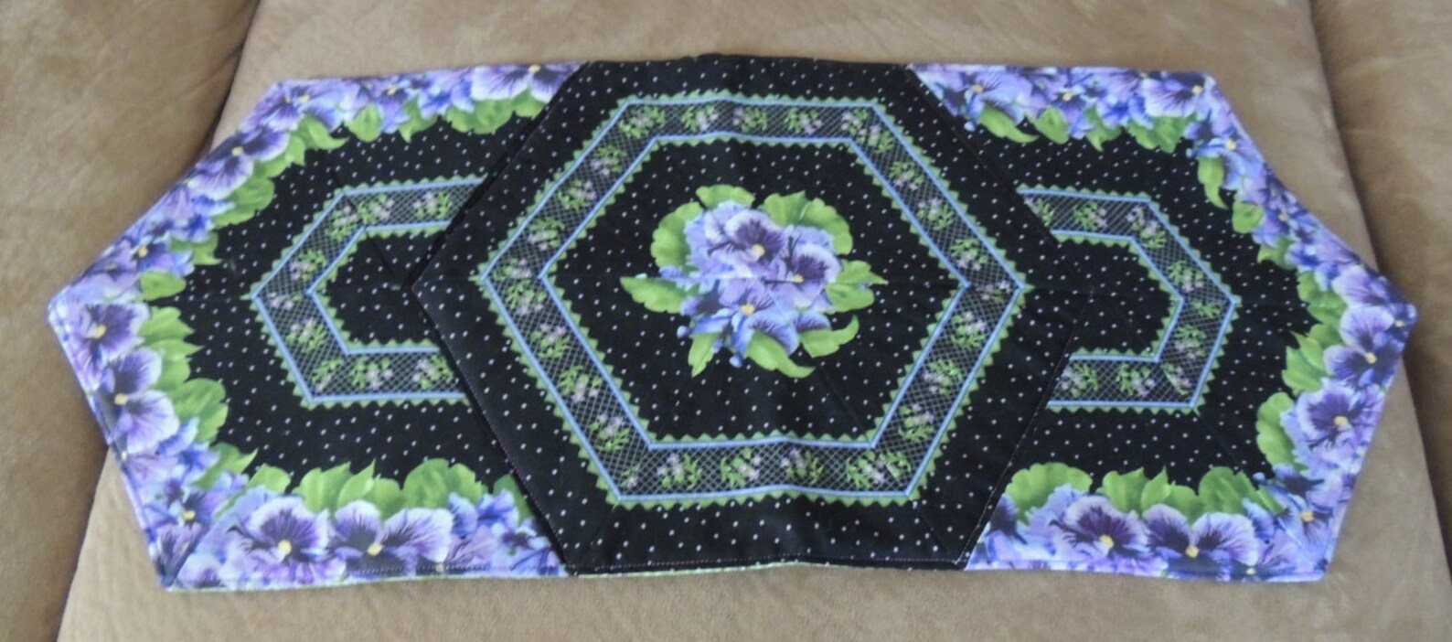 Purple Pansies Table Runner Green Black Floral Handmade | Etsy