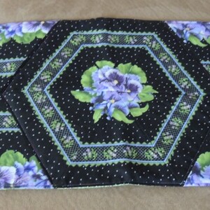 Purple Pansies Table Runner Green Black Floral Handmade | Etsy