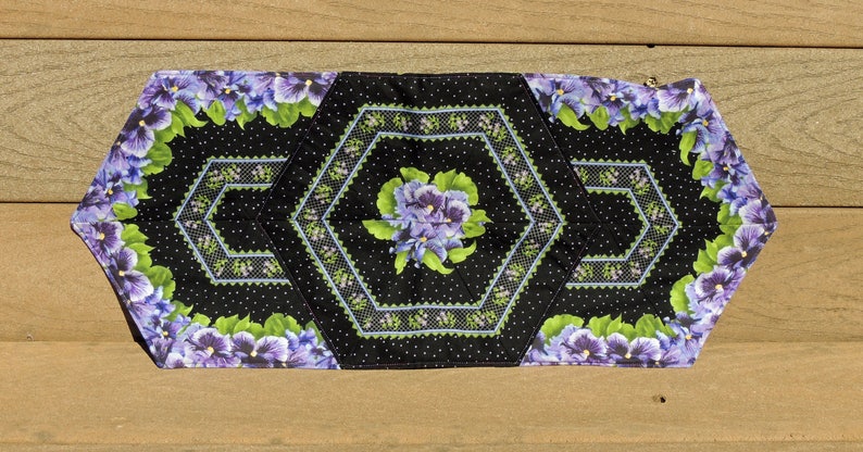 Purple Pansies Table Runner Green Black Floral Handmade | Etsy