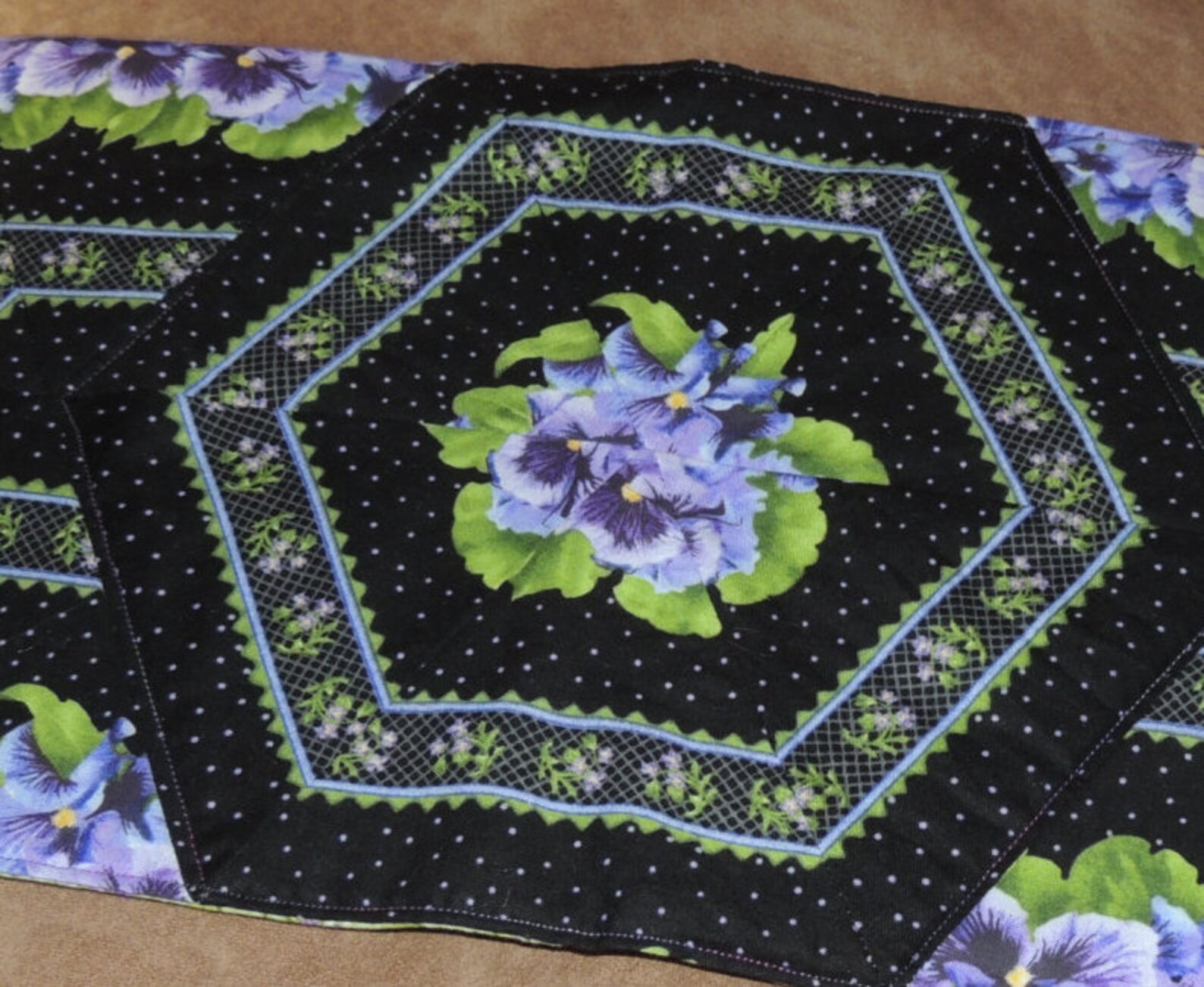 Purple Pansies Table Runner Green Black Floral Handmade | Etsy