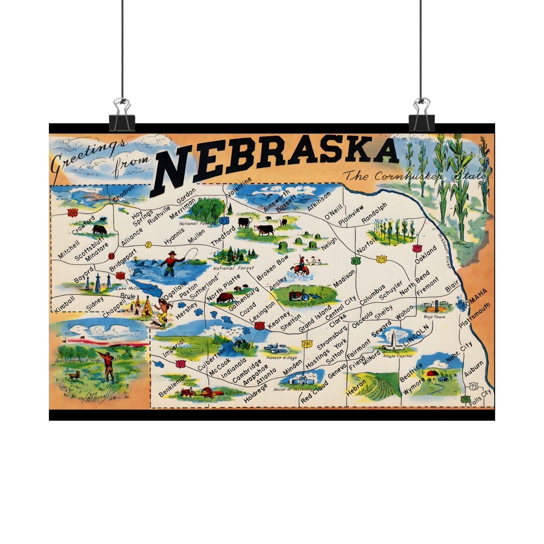Vintage Nebraska Matte Horizontal Posters: Illustrated Cornhusker State ...