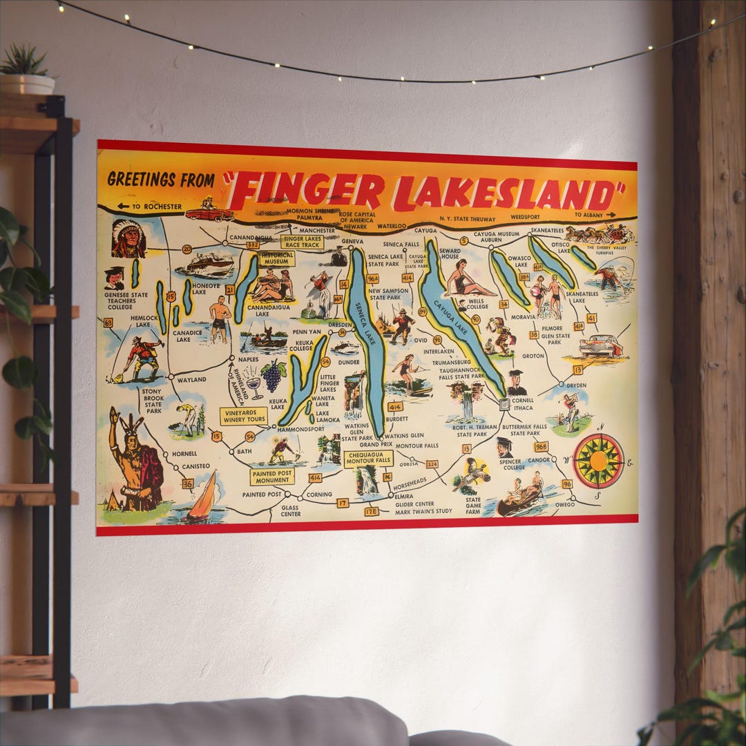 Vintage Finger Lakes Adventure: A Retro New York Tourist Map - Fine Art ...