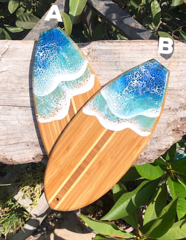 Surfboard epoxy resin wave bamboo wood cutting cheese board | Etsy
