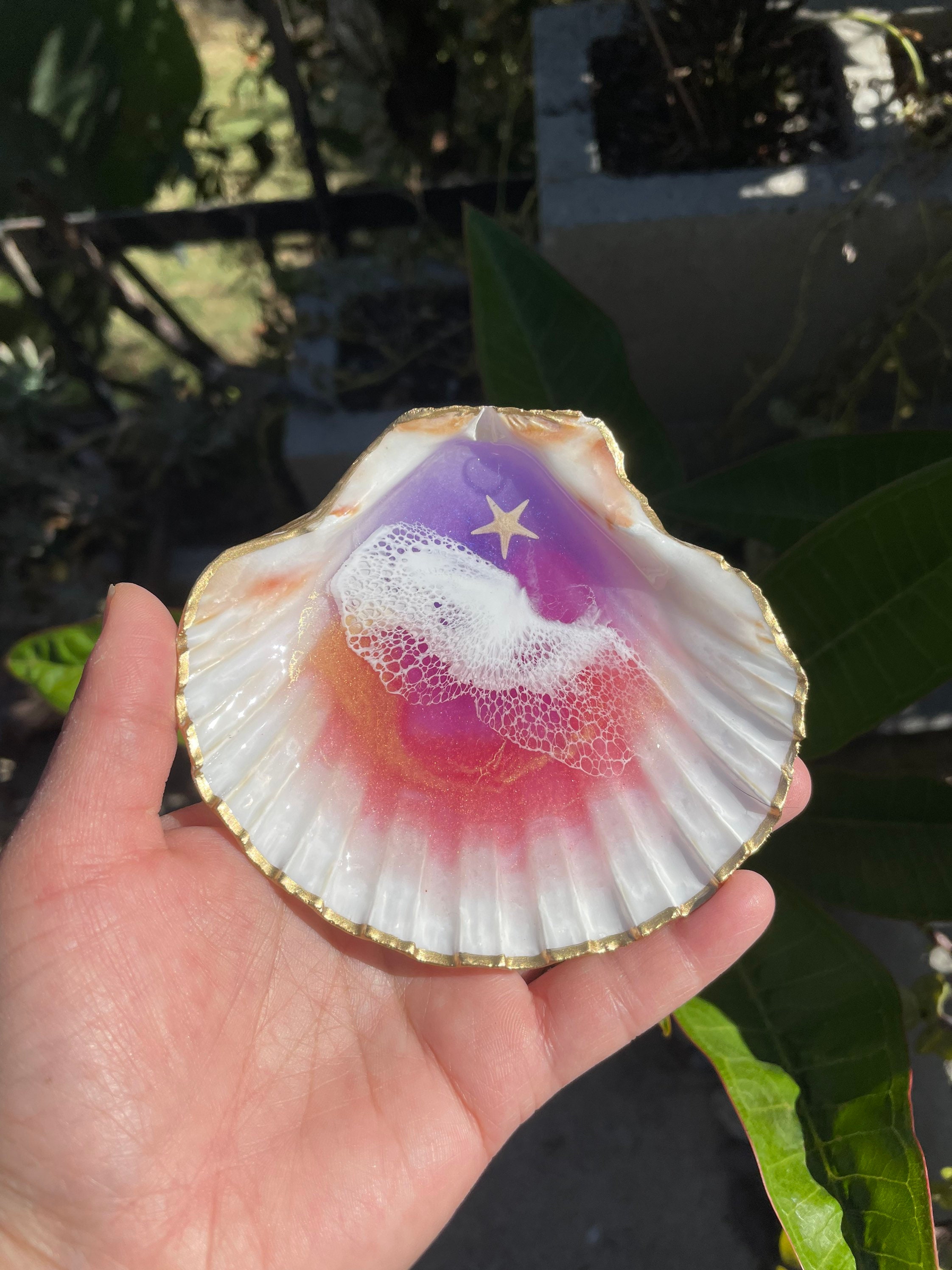 Real Seashell Beach Scene jewelry dish with Ocean waves | Etsy