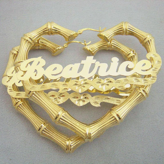 Large 10k or 14k Gold Personalized Shiny Name Heart Shape Skinny Bamboo Earrings 2.9 Inches Diamond Cut Hearts