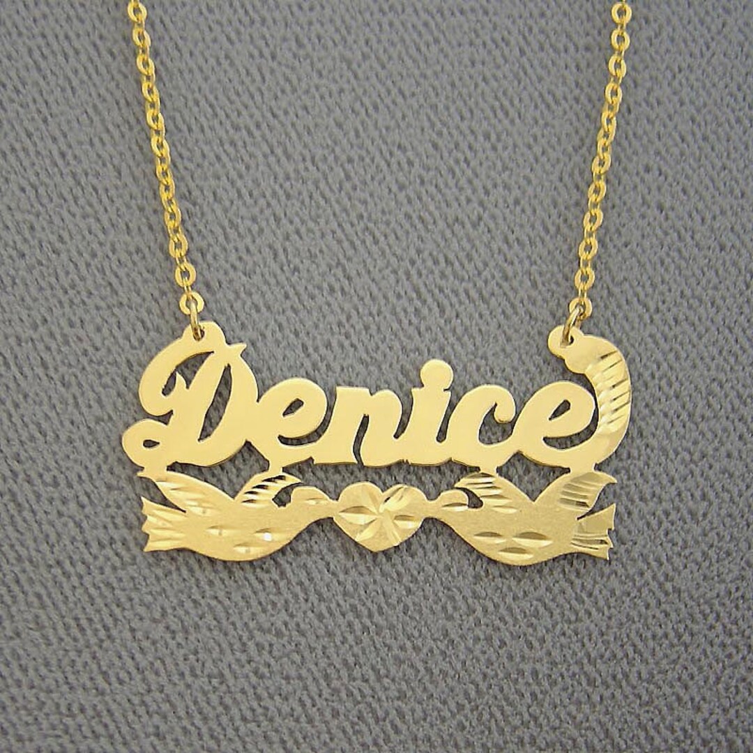 10K or 14K Solid Gold Personalized Name Necklace 2 Kissing Loving Birds ...