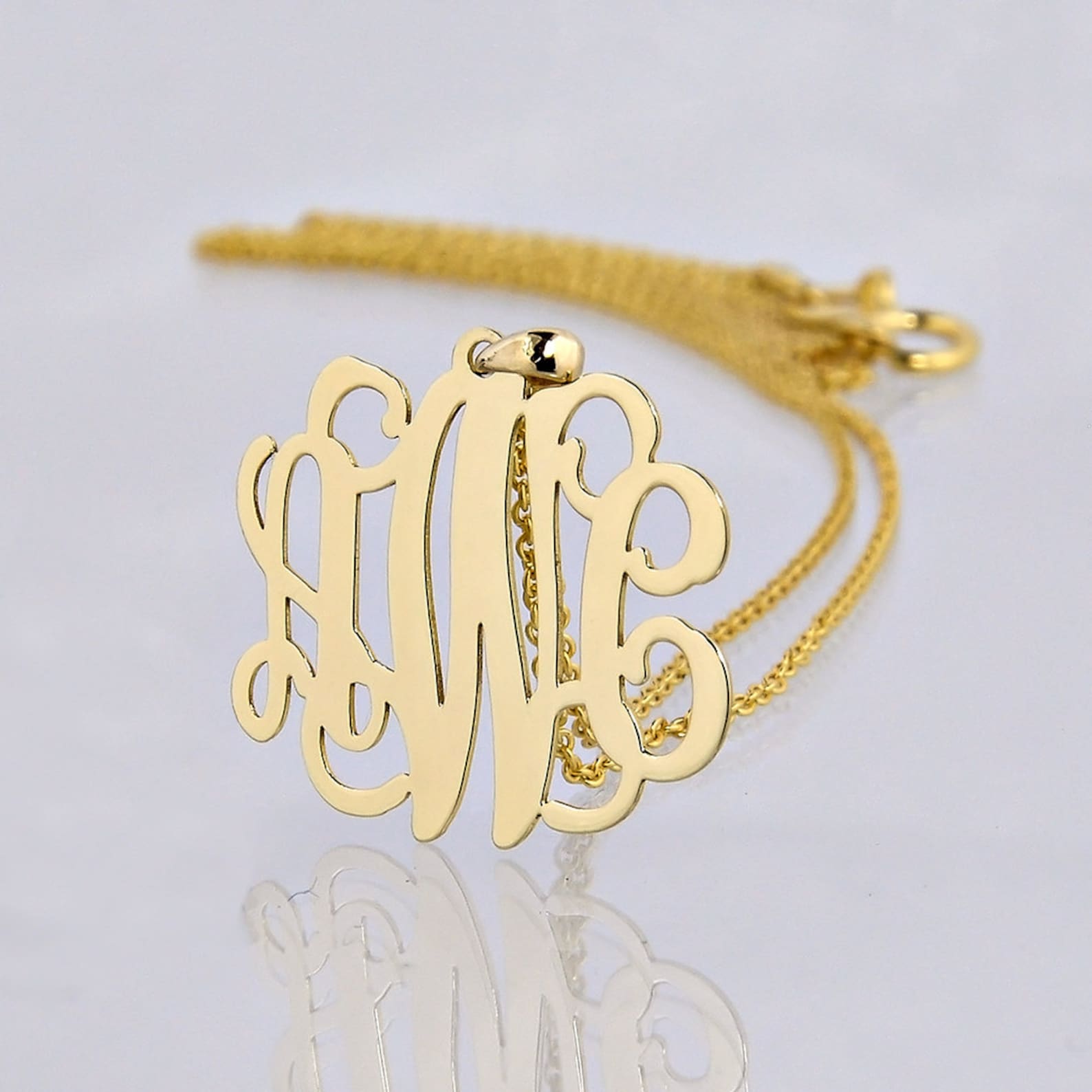 Small 10kt or 14kt Solid Gold 3 Initials Monogram Pendant Necklace 0.75 ...