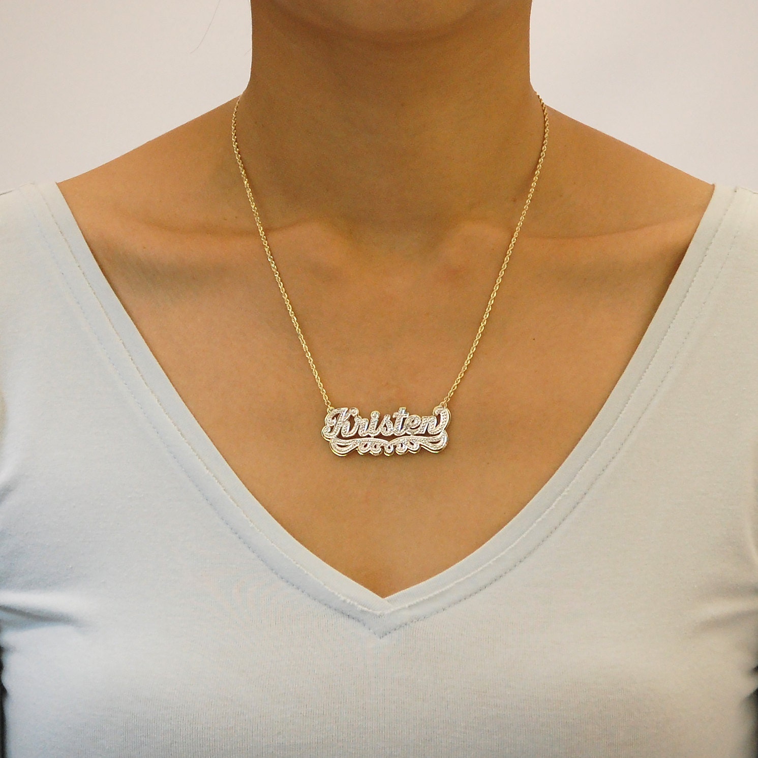 Personalized 10K or 14K Solid Gold 3D Double Plate Pendant Iced Out ...