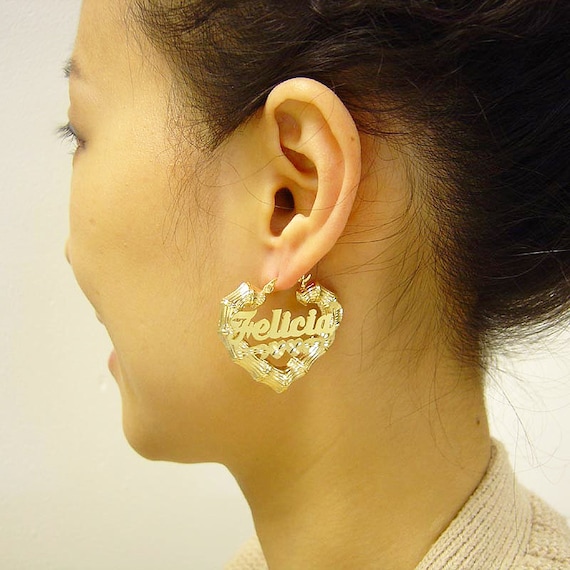 10k or 14k Gold Personalized Shiny Name Heart Shape Bamboo Earrings 1.5 Inches Wide Diamond Cut Hearts. Etsy