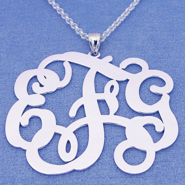 Solid Sterling Silver 3 Initials Monogram Pendant Necklace Jewelry 2 1/ ... Solid Sterling Silver 3 Initials Monogram Pendant Necklace Jewelry 2 1/ ...