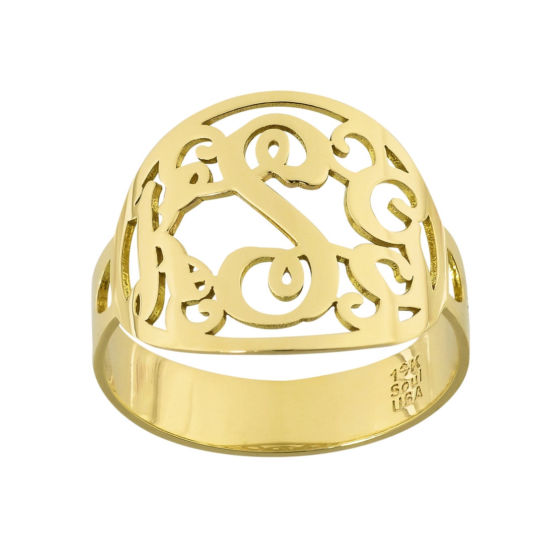 14K Solid Yellow or White Gold 3 Initial Oval Circle Monogram Ring ...