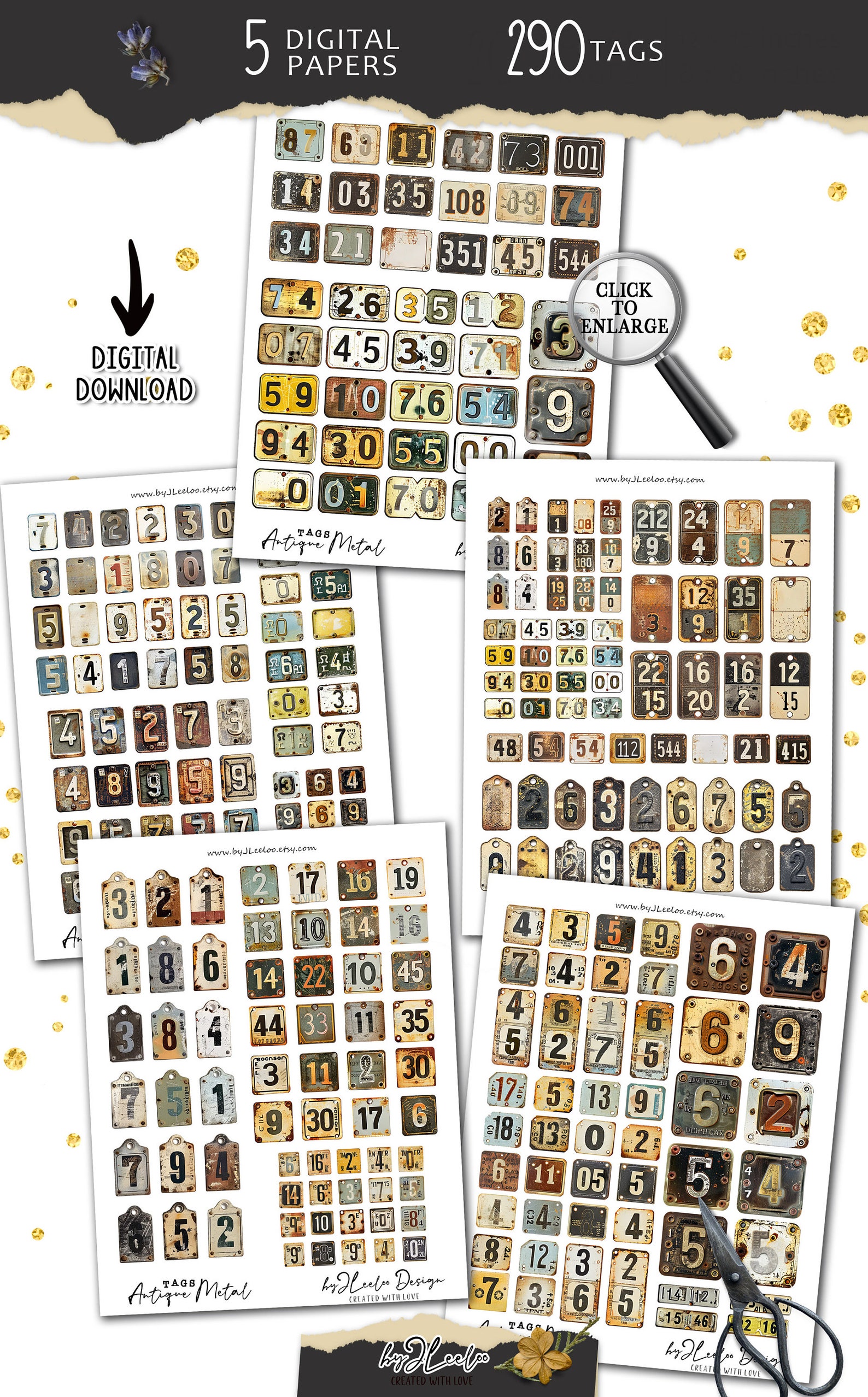 ANTIQUE METAL TAGS Numbers Labels Printable Steampunk Supplies ...