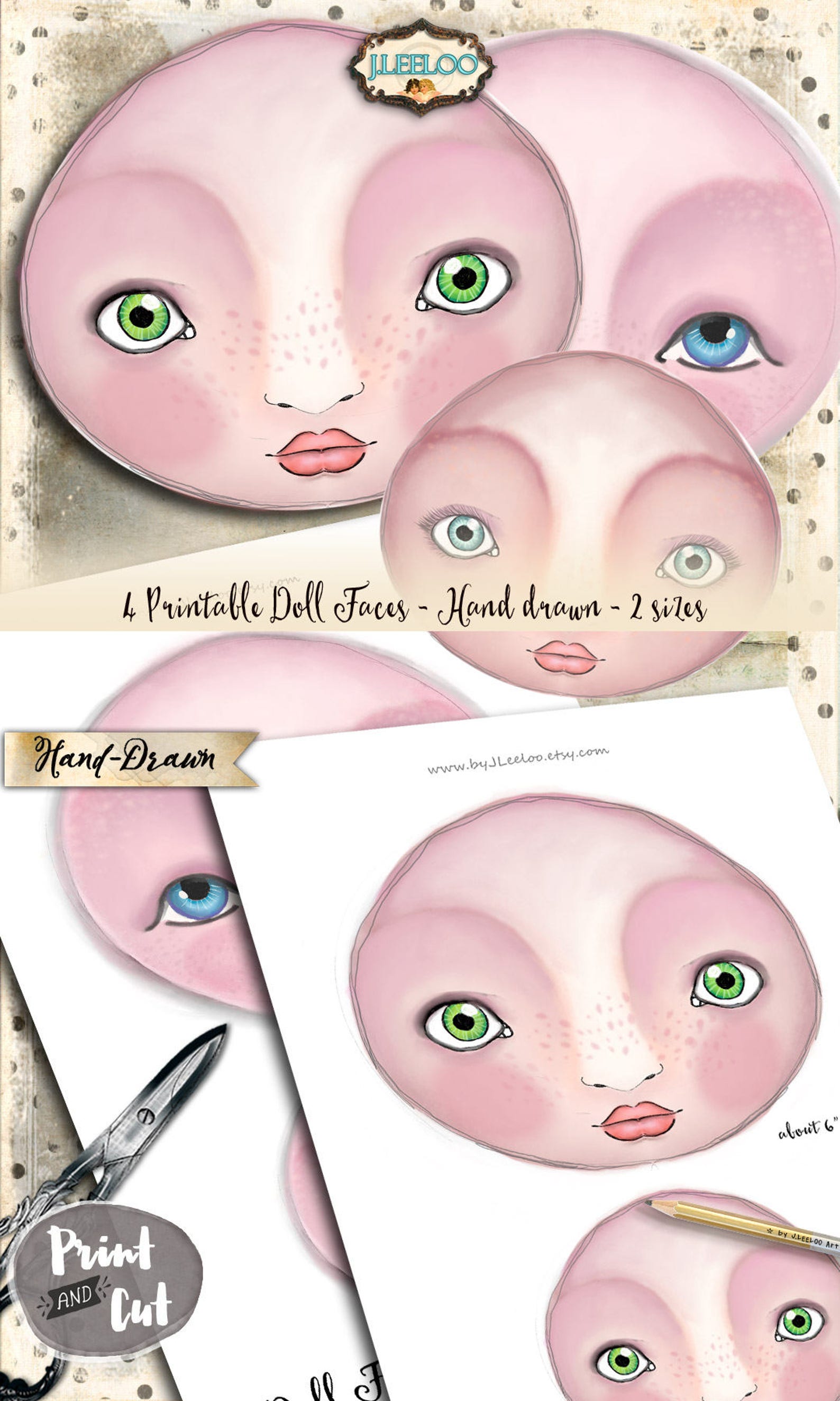 DOLL FACES Printable Hand-drawn Digital Collage Sheet for Iron on ...