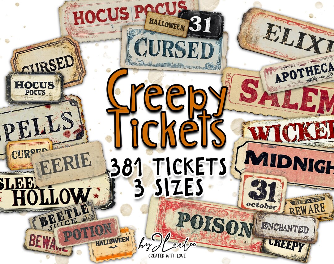 CREEPY TICKETS Printable Scary Halloween | Word Labels Vintage Stickers ...