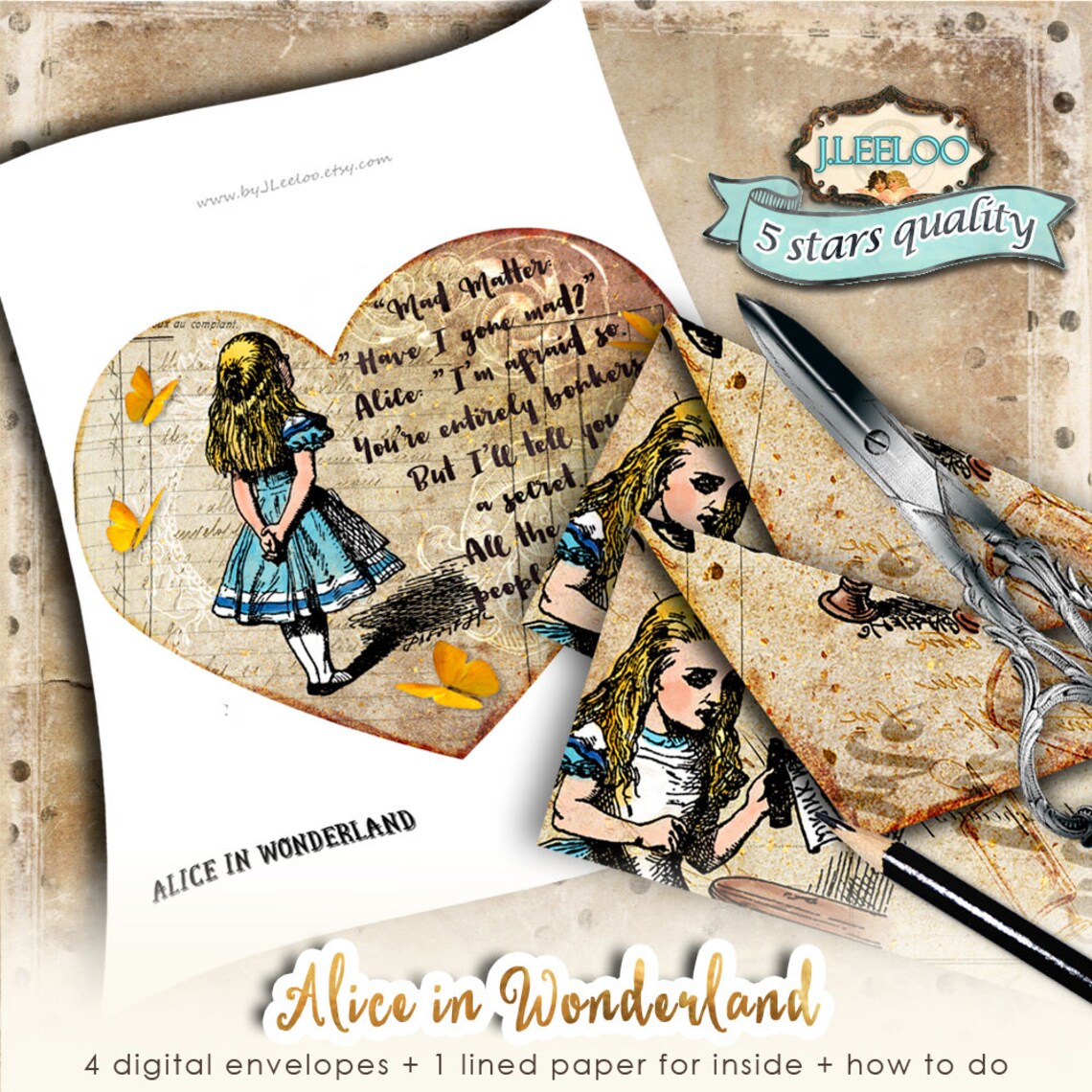 ALICE WONDERLAND Envelopes Heart Cards Gift Digital Collage Sheet ...